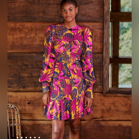 FARM Rio | Dresses | Nwt Farm Rio Tiered Yellow Fruit Dream Long Sleeve ...